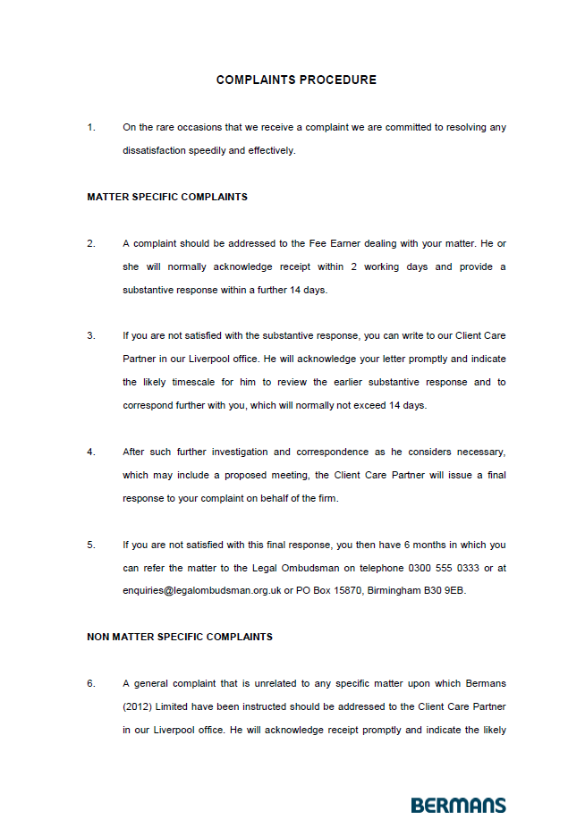 Complaints Policy | Bermans